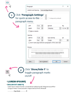 Access paragraph settings and toggle paragraph marks - Ampler