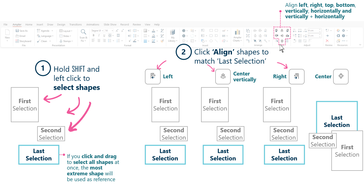 Align multiple shapes using ‘Last Selection’ - Ampler