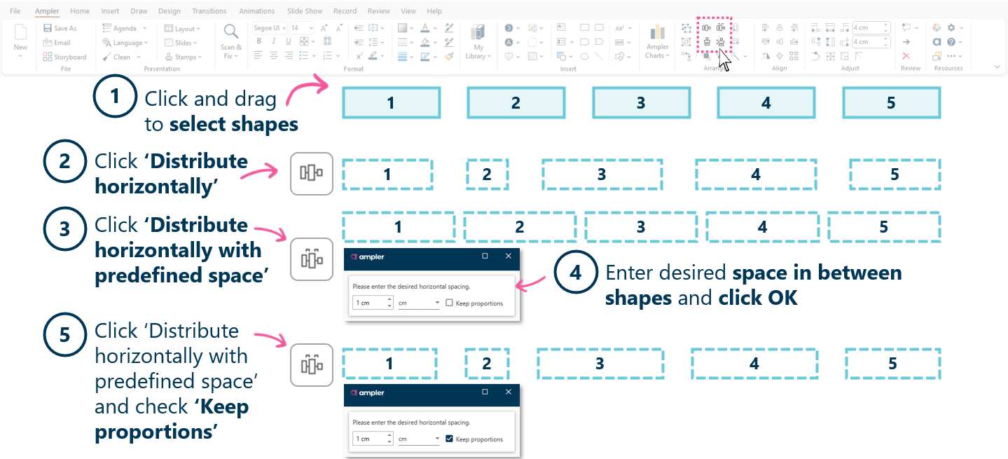 Distribute shapes evenly or with predefined space - Ampler