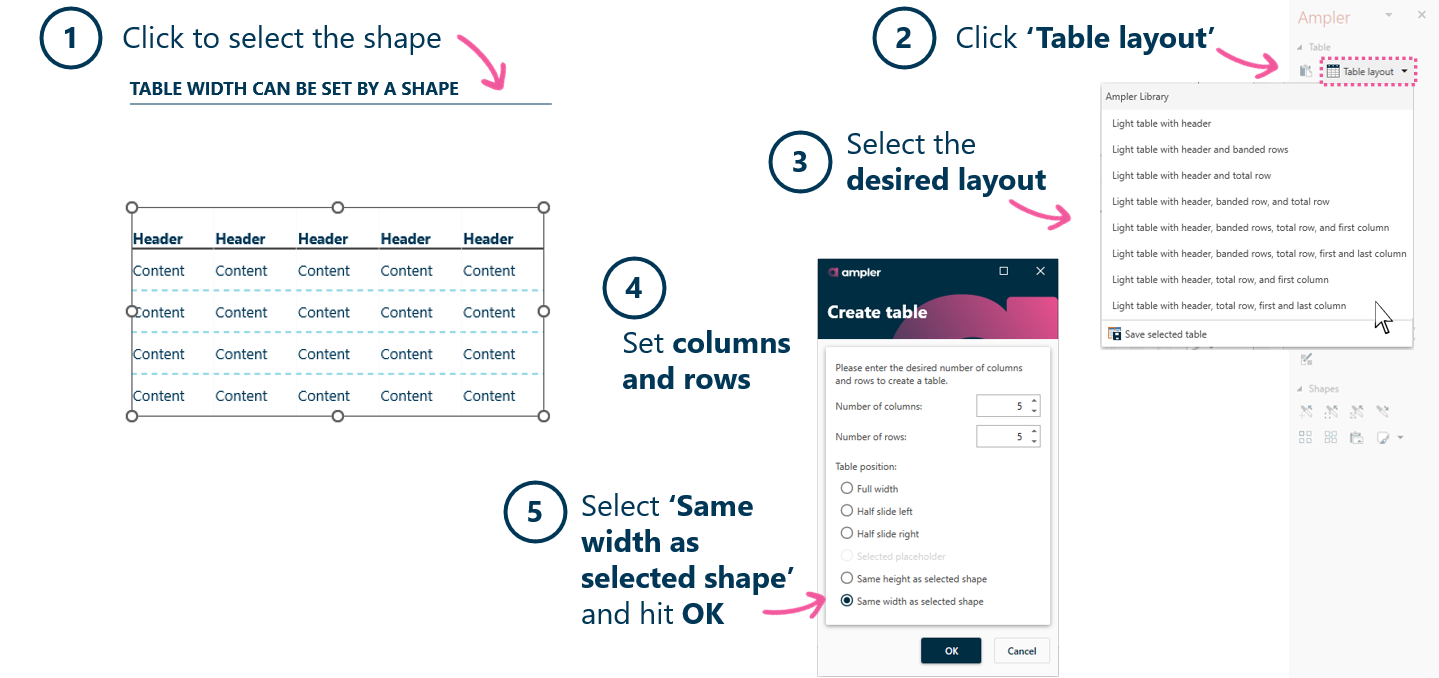 Insert table with same height or width as selected shape - Ampler